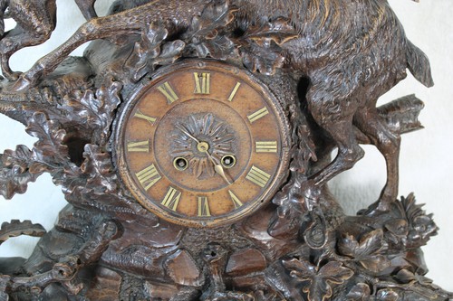 XL top antique BLACK FOREST wood carved clock hunting scene dogs deer ...
