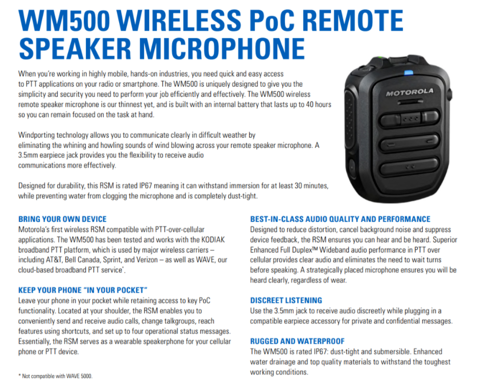 WM500 Wireless PoC Remote Speaker Microphone PMMN4127 , Evolve LTE ...