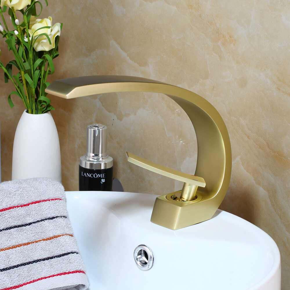 Brushed Gold C Shape Bathroom Vanity Basin Taps Single Handle Deck ...