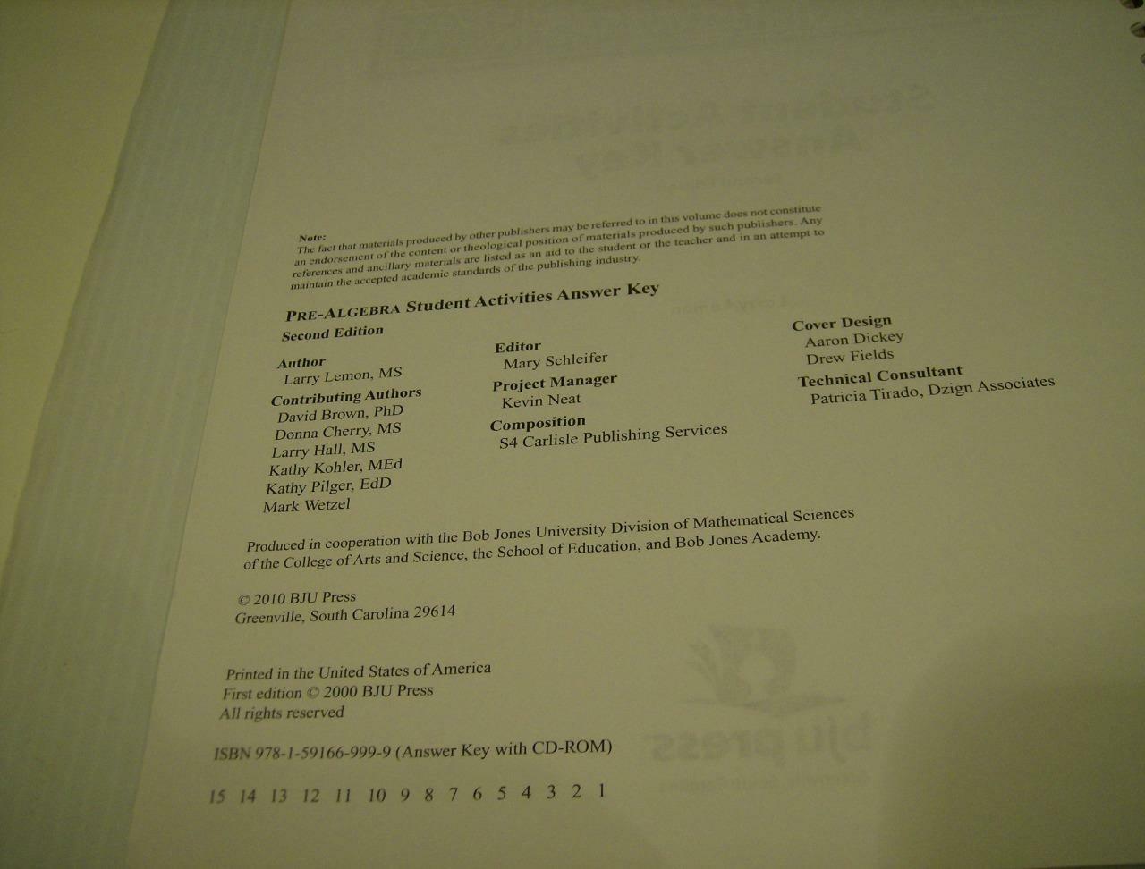 BJU Press Pre-Algebra Student Activities ANSWER KEY with CD (2nd Ed ...