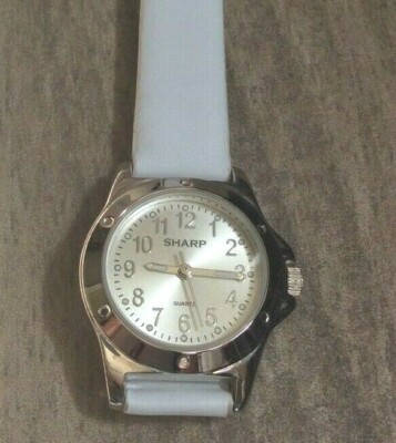 SHARP Women's Watch Round Silver Dial Arabic Hours on White Leather ...