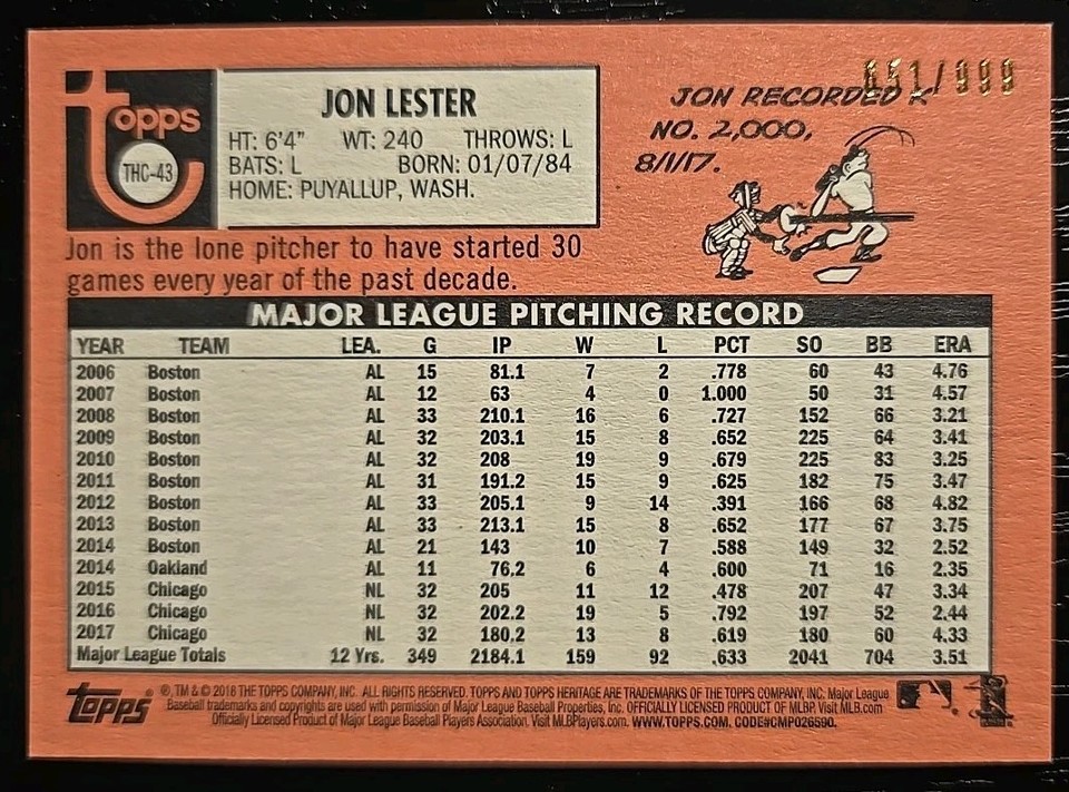 Jon Lester 2022 Topps Chrome Heritage THC-43 /999 Chicago Cubs | eBay