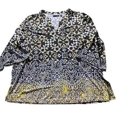 Susan Graver size 1X P tunic floral print black khaki v-neck 3/4 | eBay