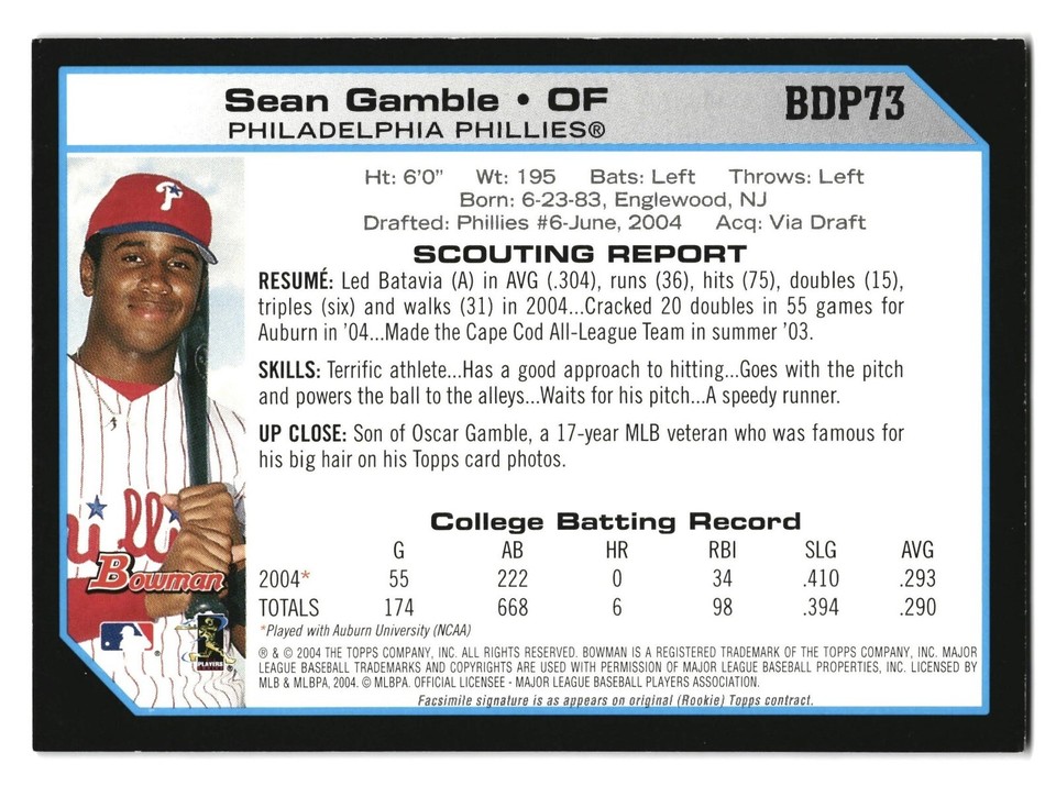 2004 Bowman Draft Baseball Sean Gamble Rookie Philadelphia Phillies # ...