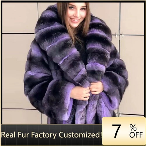 2024 Women Warm Real Rex Rabbit Fur Coat Hooded Jacket Chinchilla Thick ...