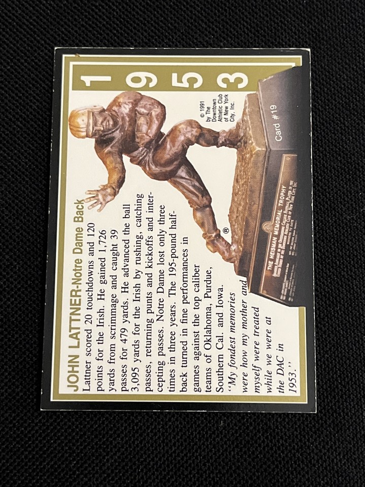 JOHNNY LATTNER 1991 HEISMAN SIGNED AUTOGRAPHED CARD #19 NOTRE DAME | eBay
