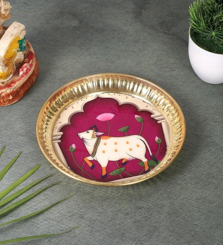 Brass Pooja Thali Two Moustaches 6 Inches Kamdhenu Cow Design for Home ...