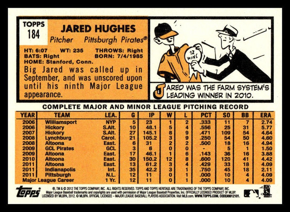 2012 Topps Heritage Jared Hughes Rookie 184 Pittsburgh Pirates | eBay