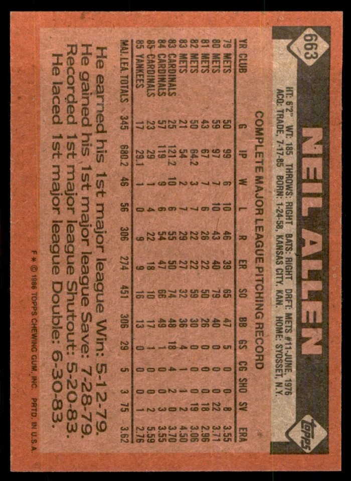 1986 Topps Neil Allen New York Yankees #663 | eBay