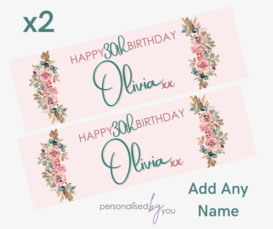 2 x Personalised Birthday Banners Large 900x300 SAGE FLOWERS ADD NAME ...
