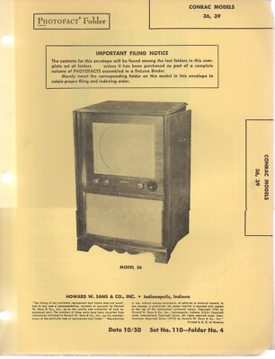1950 CONRAC 36 TV TELEVISION SERVICE MANUAL SCHEMATIC 39 photofact ...