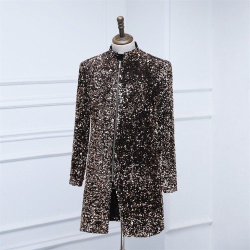 Men Fancy Glitter Sequin Long Suit Coat Slim Carnival Zip Jacket Dress ...