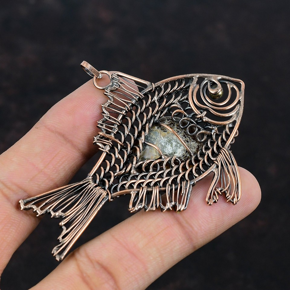 Gift For Her Ammonite Fossil Wire Wrapped Fish Pendant Copper Jewelry 2 ...
