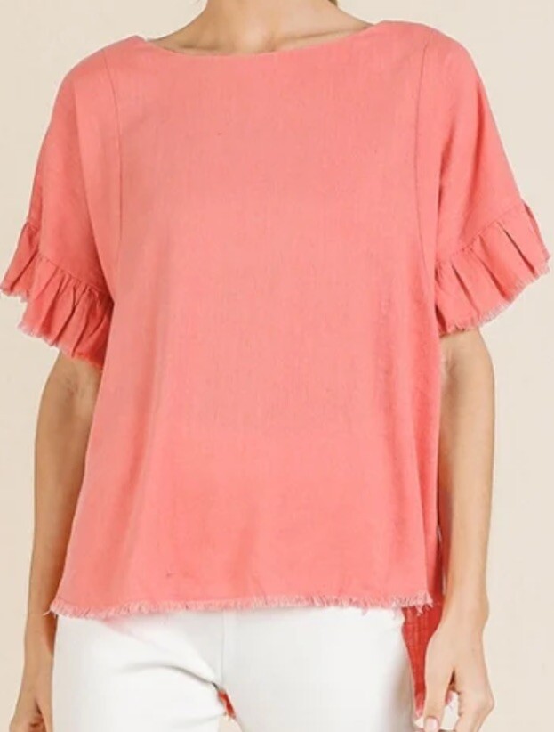 Umgee Women’s Casual Top Size Large Coral Frayed Ruffled Hi-Lo Short ...