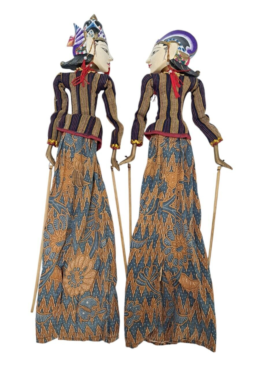 2 Indonesian Wayang Golek Rod Puppets Java Carved Wooden Dolls Couple ...