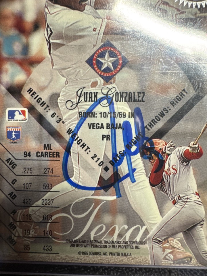 1995 Leaf JUAN GONZALEZ IP Signed Autograph #202 Texas Rangers | eBay