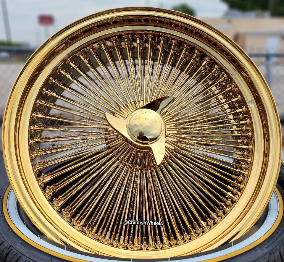 22" Inch All Gold 150 Spoke Wire Wheels Rims | 22x8 | 5x4.5 Bolt ...