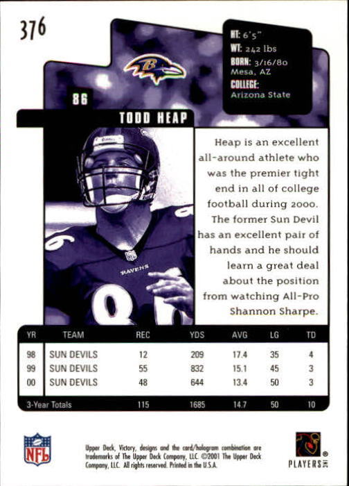 2001 Upper Deck Victory #376 Todd Heap RC Rookie Ravens | eBay