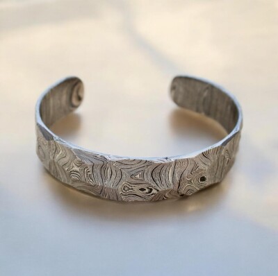 Damascus Hammered Bangle Hand Forged Steel Cuff Bracelet Viking Modern ...