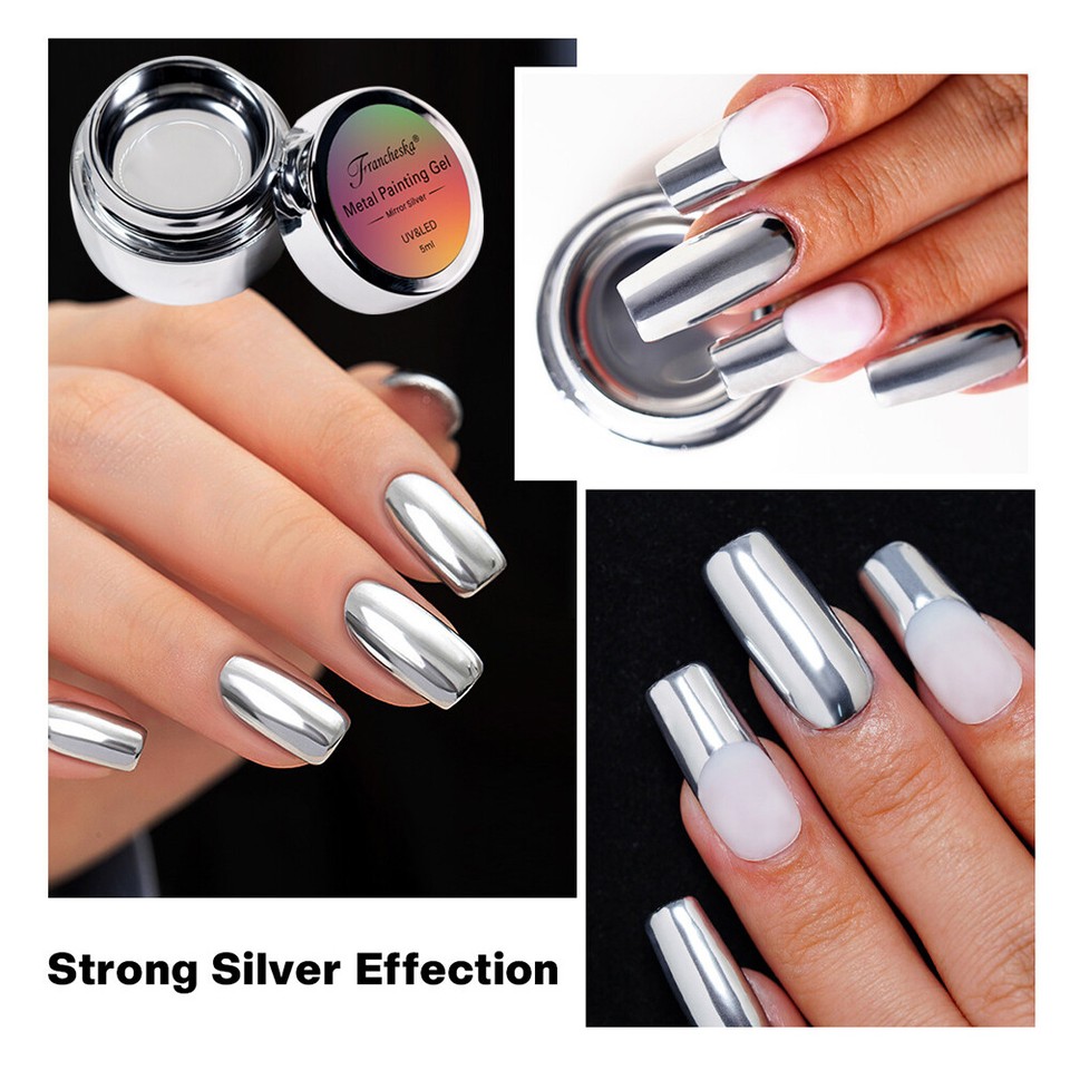 Metal Metallic Mirror Silver Chrome Nail Art Metal Nail Painted Gel ...