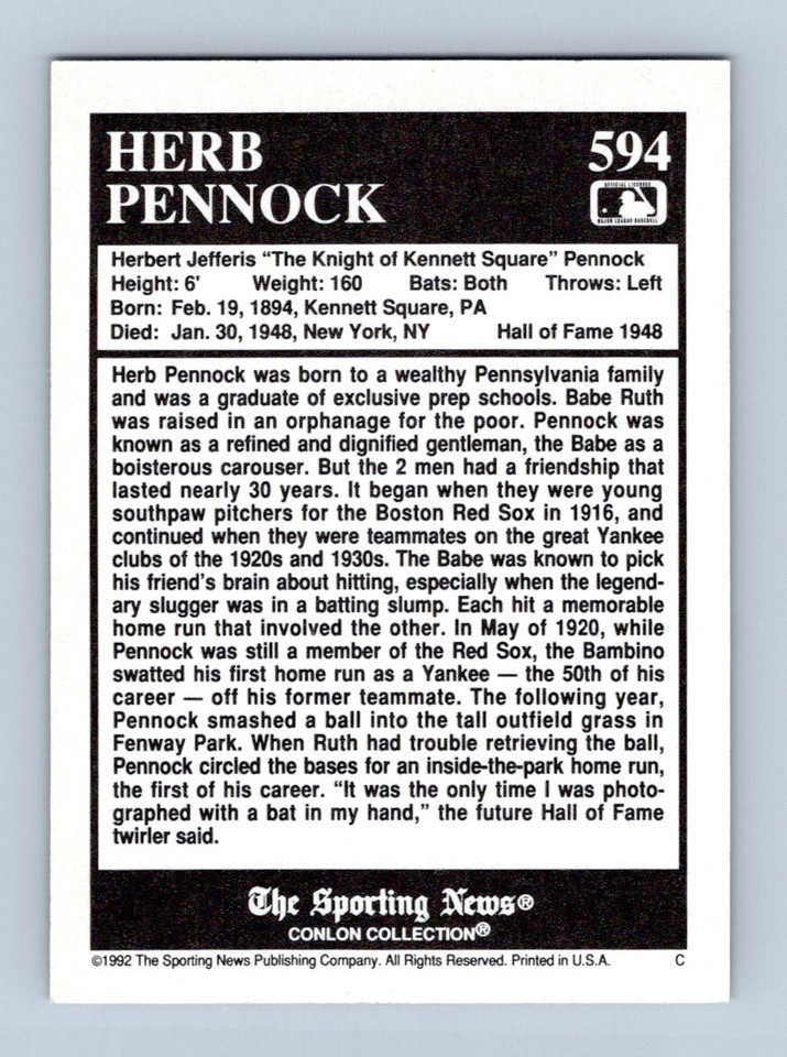 1992 Conlon Collection #594 Herb Pennock | eBay