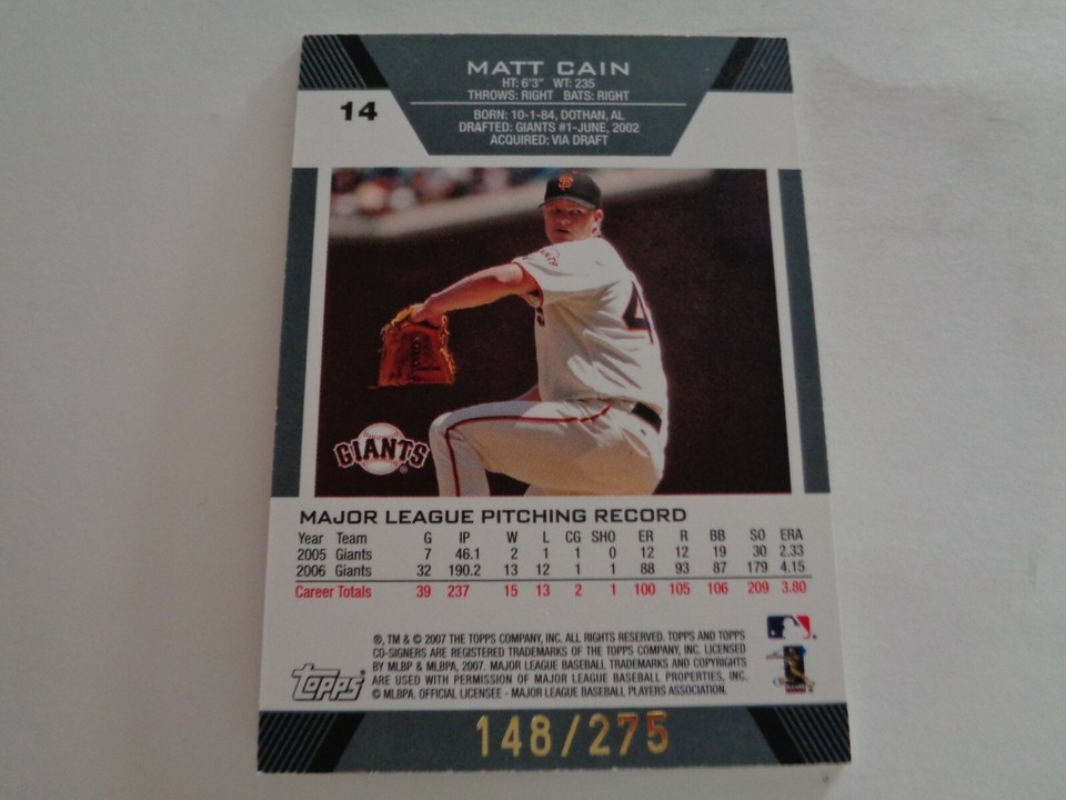 2008 Topps Co-Signers Barry Zito & Matt Cain Card #14 Serial #148/275 ...