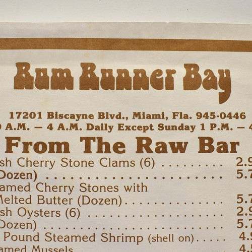 1984 Rum Runner Bay Restaurant Menu Biscayne Boulevard North Miami ...