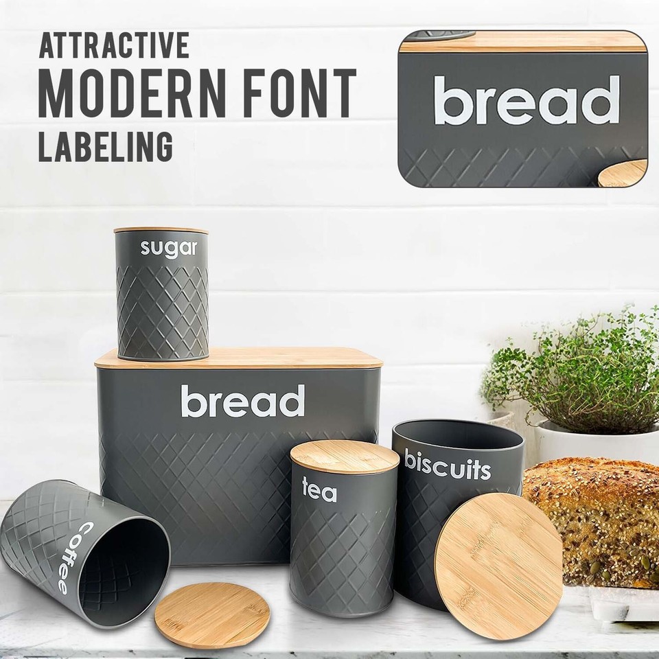 5pc Grey Bread Bin Kitchen Storage Tins Canister Set with Airtight ...