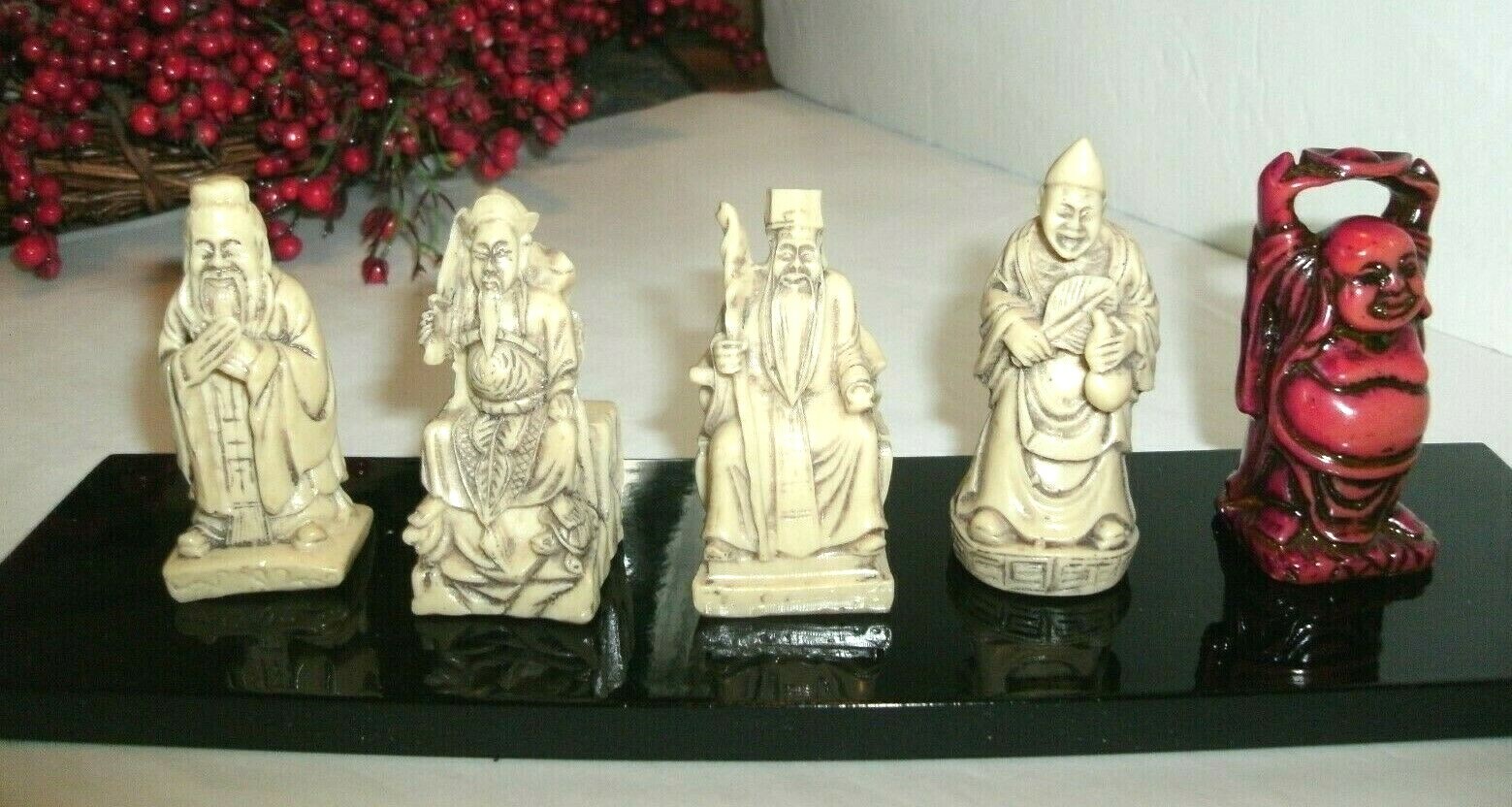 5 VINTAGE CARVED FAUX BOVINE BONE CHINESE FIGURES, 2 1/4", INTRICATE ...