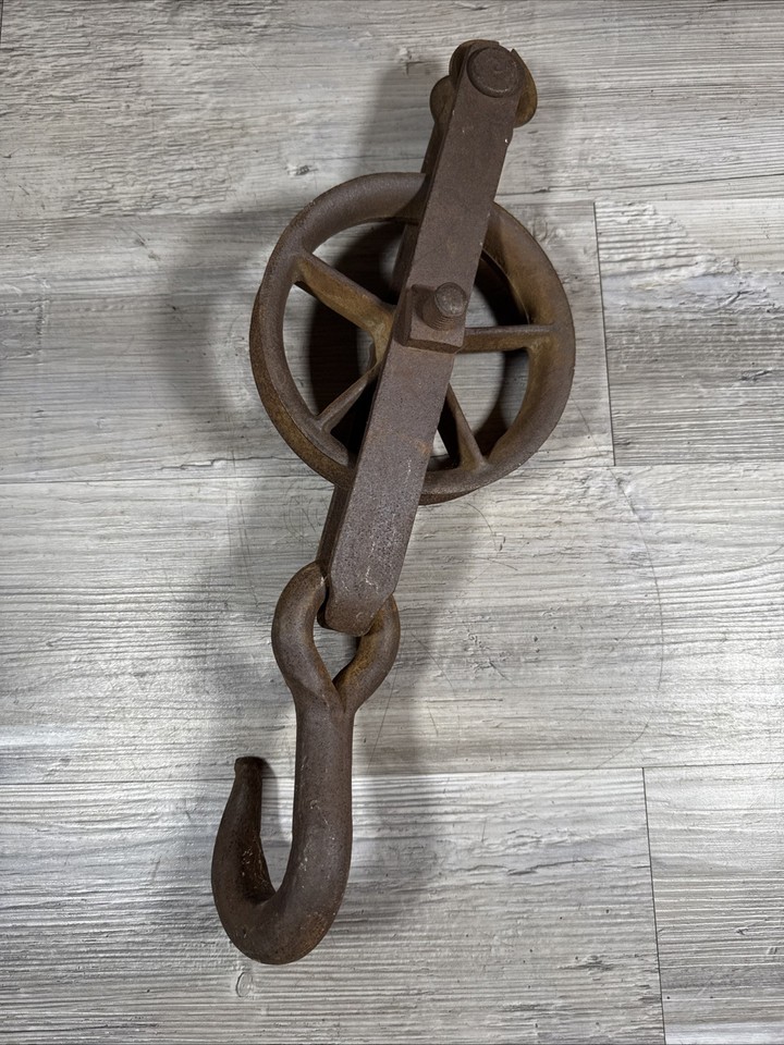 Antique Cast Iron Pulley & Hook Industrial Heavy Wheel Steampunk 17 ...