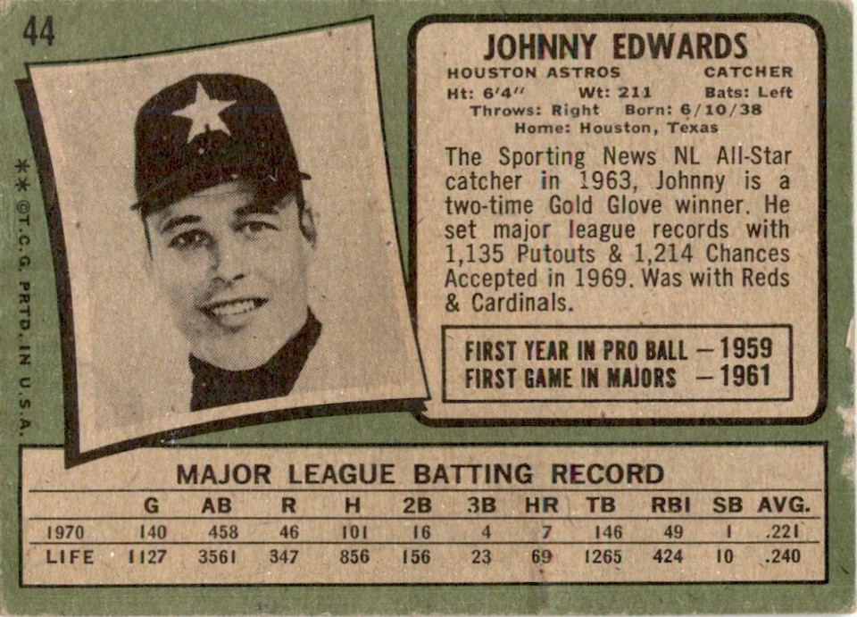 1971 TOPPS JOHNNY EDWARDS HOUSTON ASTROS #44 VG (Crease) | eBay