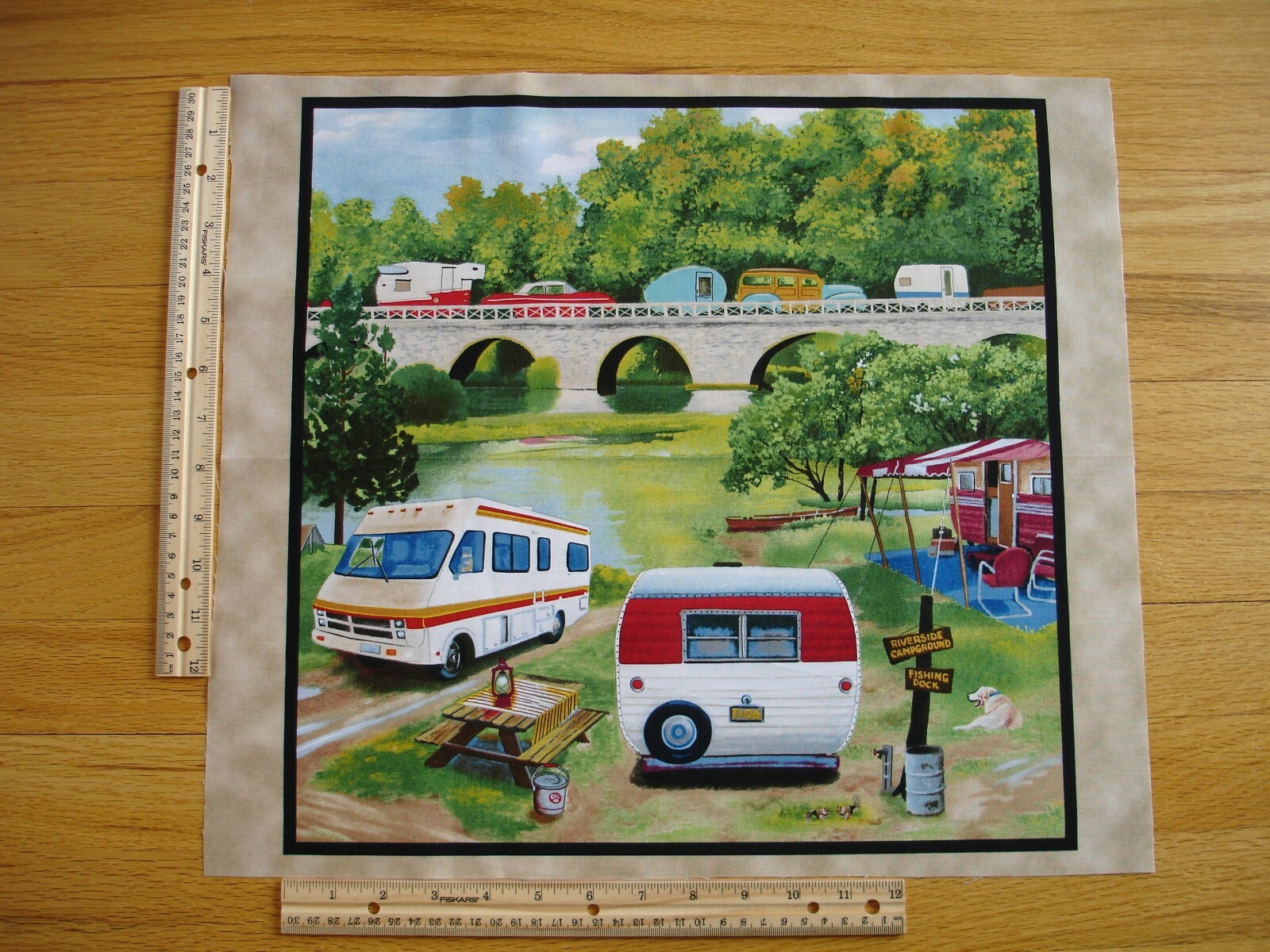 Camping RV's Trailers Lake Bridge Cotton Quilt Fabric Block 15 1/4" x ...