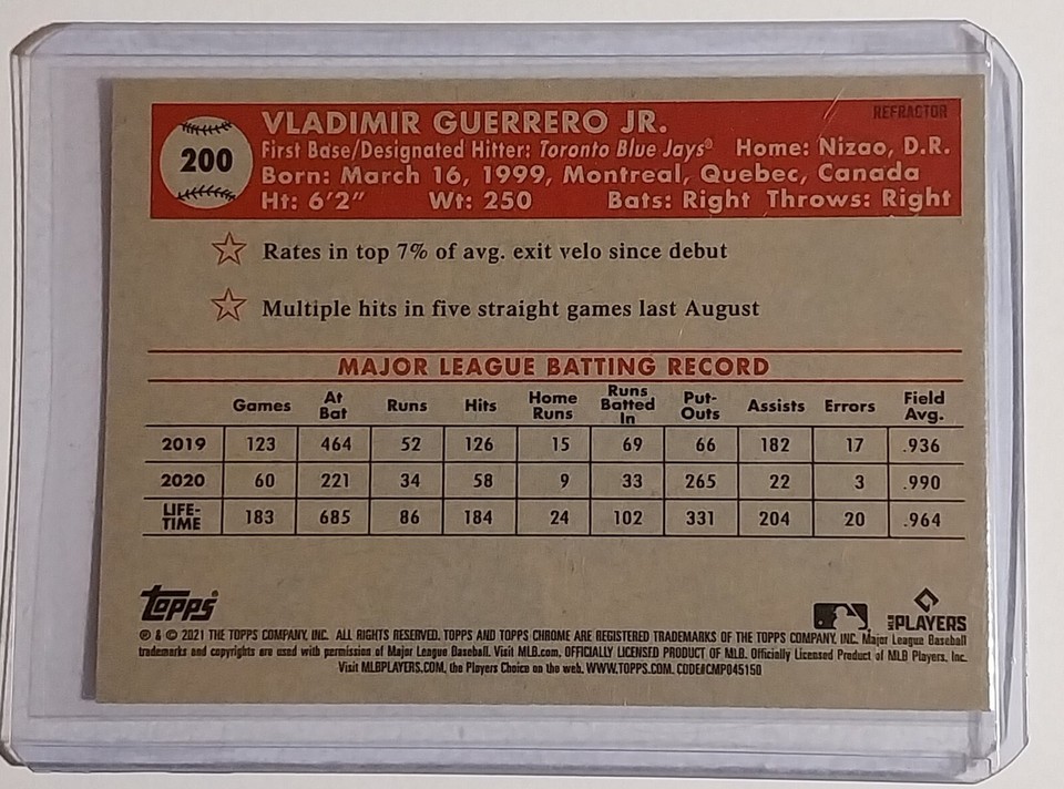 2021 Topps Chrome Platinum Ann. #200 Vladimir Guerrero Jr. Refractor ...