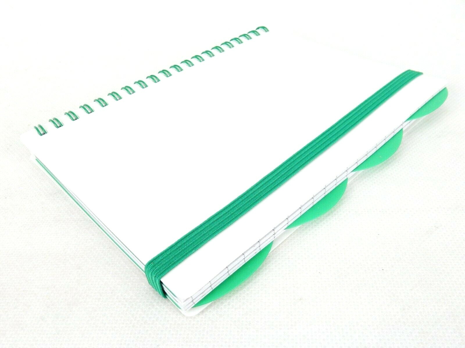 Wire Bound Notebook w/4 Dividers, White w/Green Accent, Elastic Closure ...