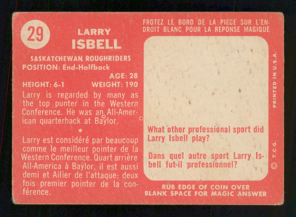 LARRY ISBELL 1958 TOPPS CFL 58 NO 29 VG+ 20934 | eBay