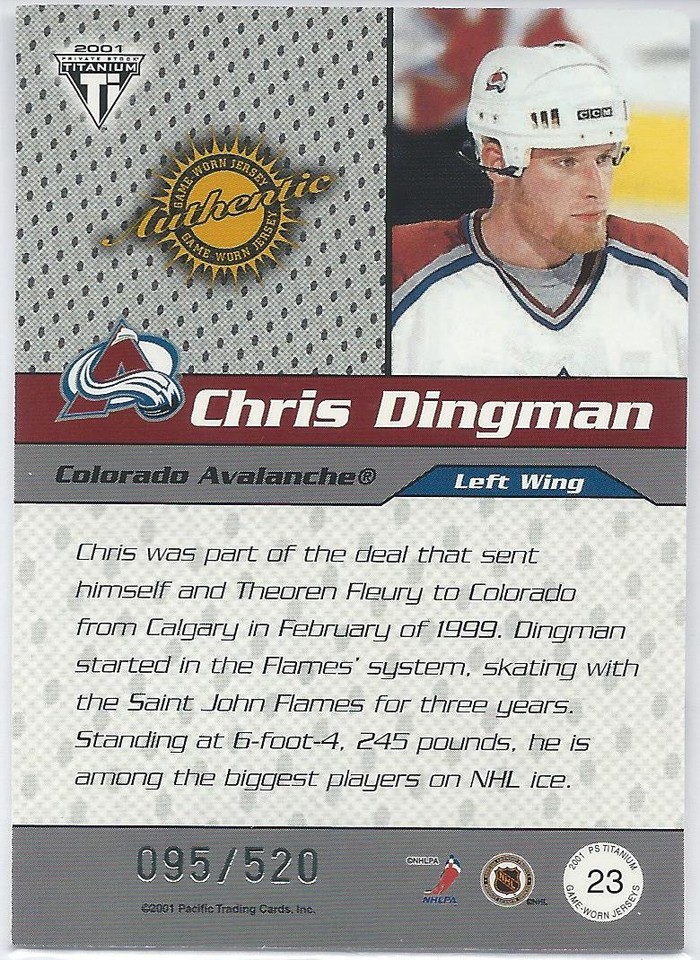2000-01 Titanium Draft Day CHRIS DINGMAN Colorado Avalanche SP Jersey ...