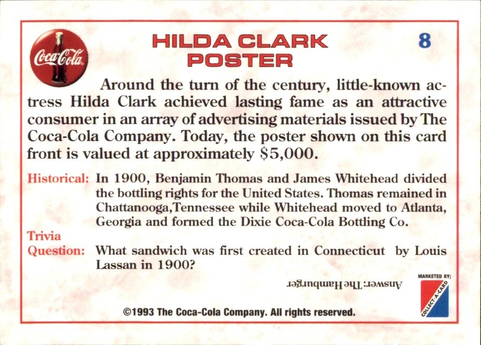 1993 Collect-A-Card COCA-COLA #8 Hilda Clark Poster | eBay