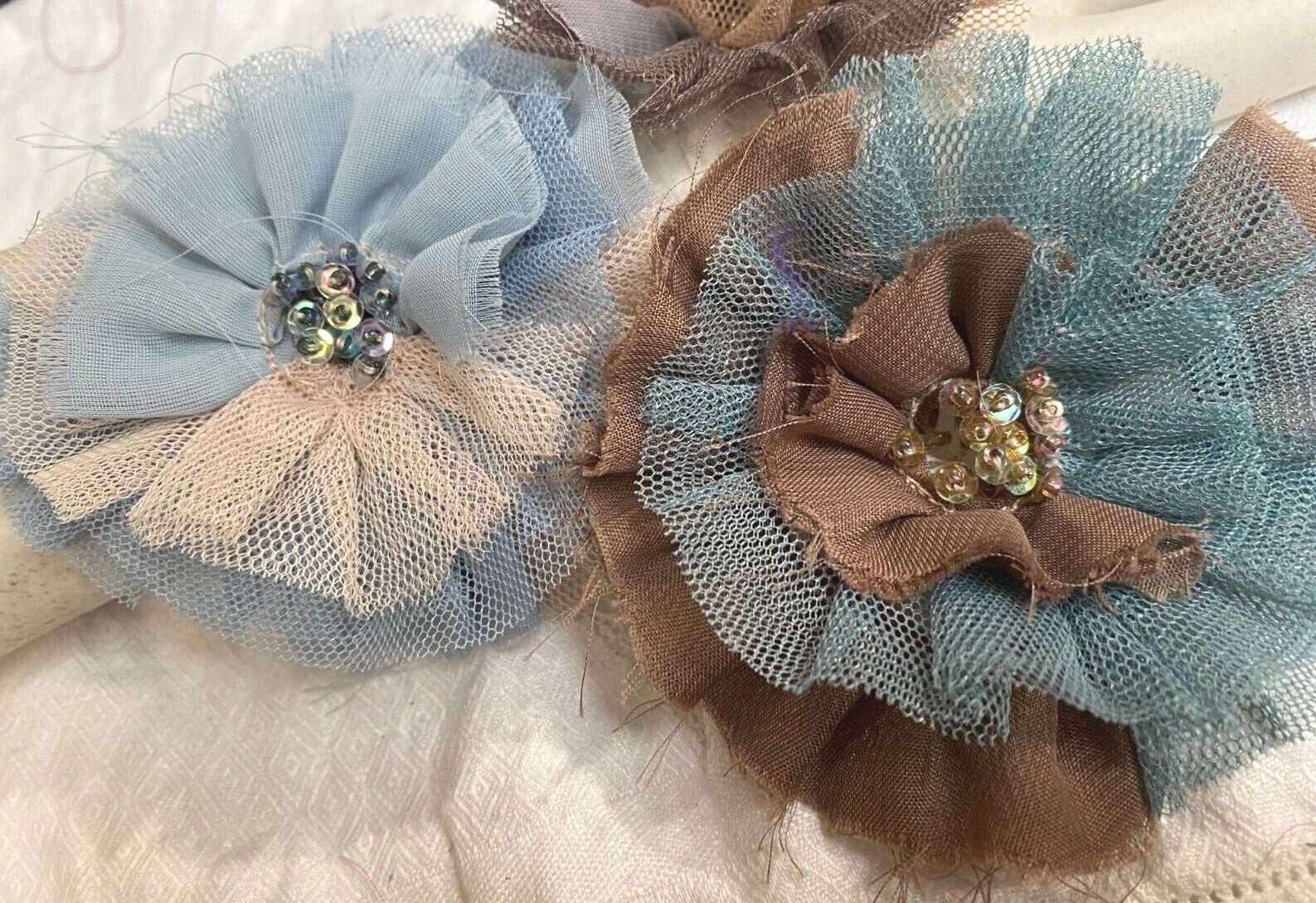 vintage applique boho flower layered netting beads hand sewn 3.5 ...