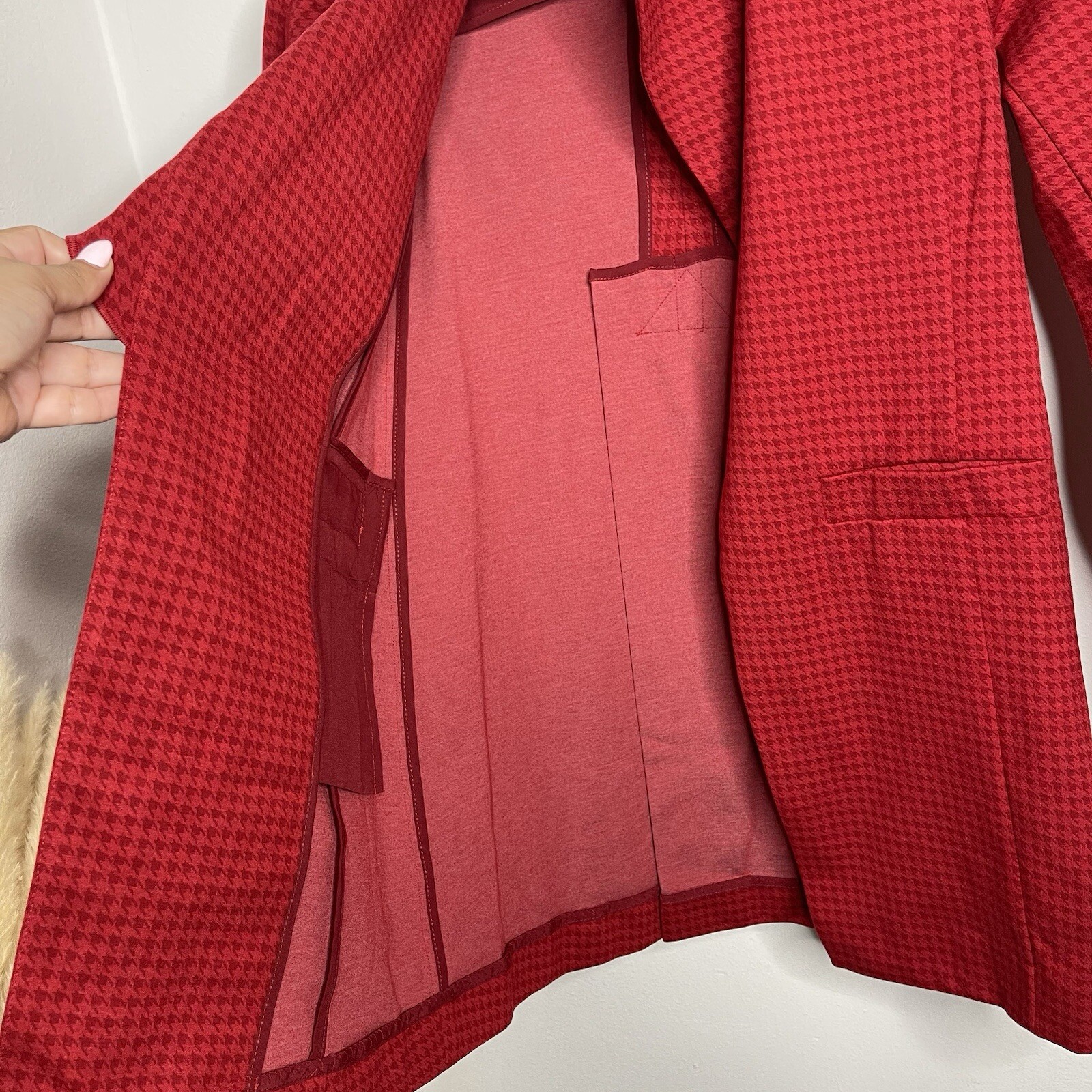 Cabi Red Celebration Jacket 3546 Houndstooth Long Ruffled Coat Button ...