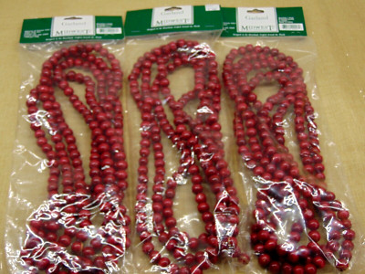 Lot of 3 Cranberry Red Wood Beaded Garland 8 Feet Each Midwest of ...