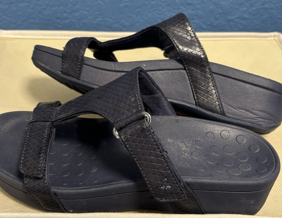 Vionic Ellie Leather Snake Strap Slip On Wedge Slide Walking Sandals ...