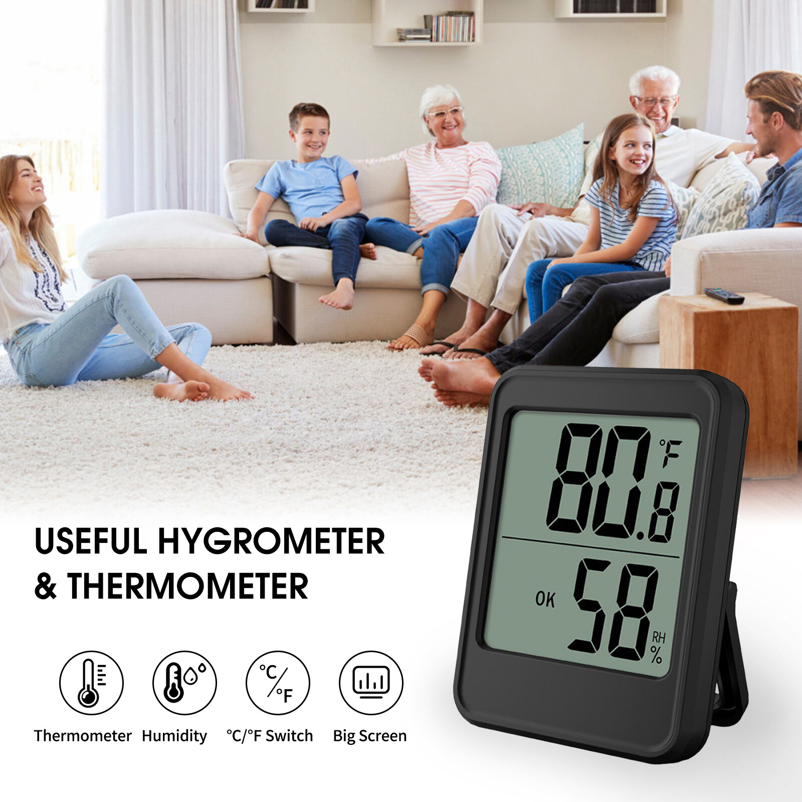 Indoor Hygrometer Large Screen Display Desk Wall A7R3 | eBay