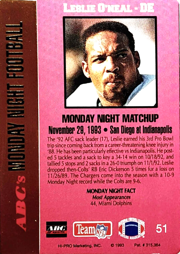 1993 ABC's Monday Night Trading Card Football NFL Leslie O'Neal (DE ...
