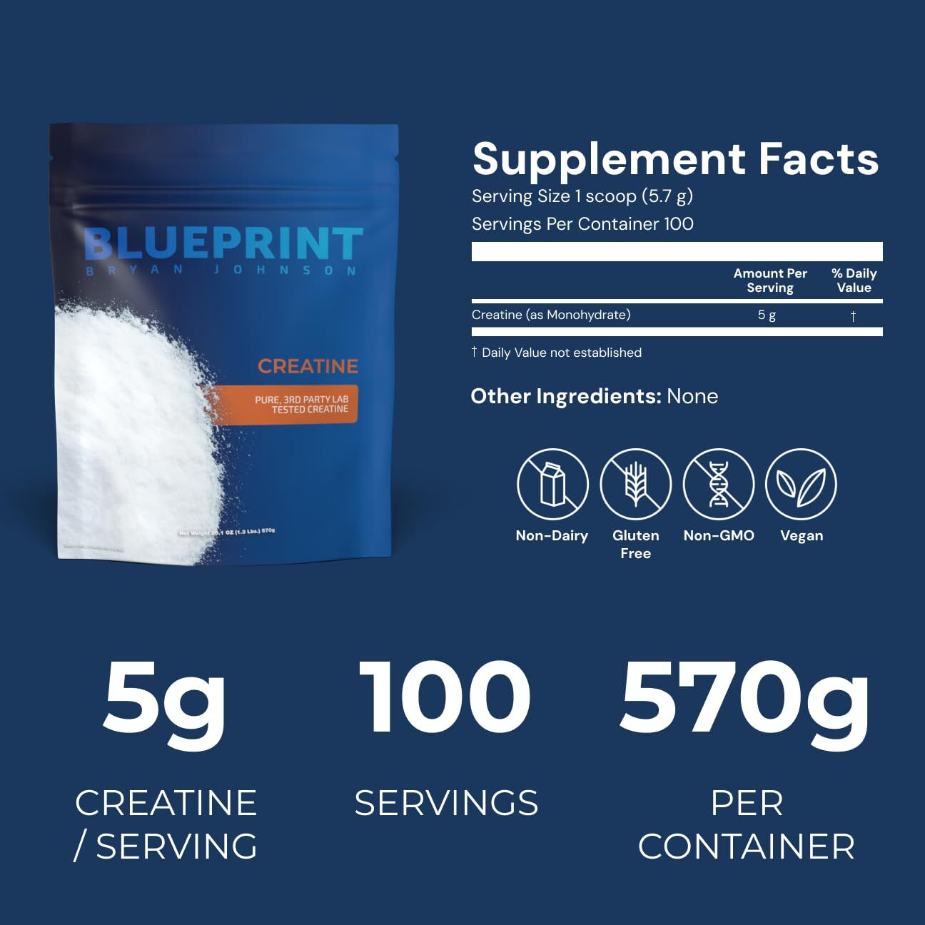 Blueprint Bryan Johnson Creatine Powder Muscle, Strength & Recovery 100 ...