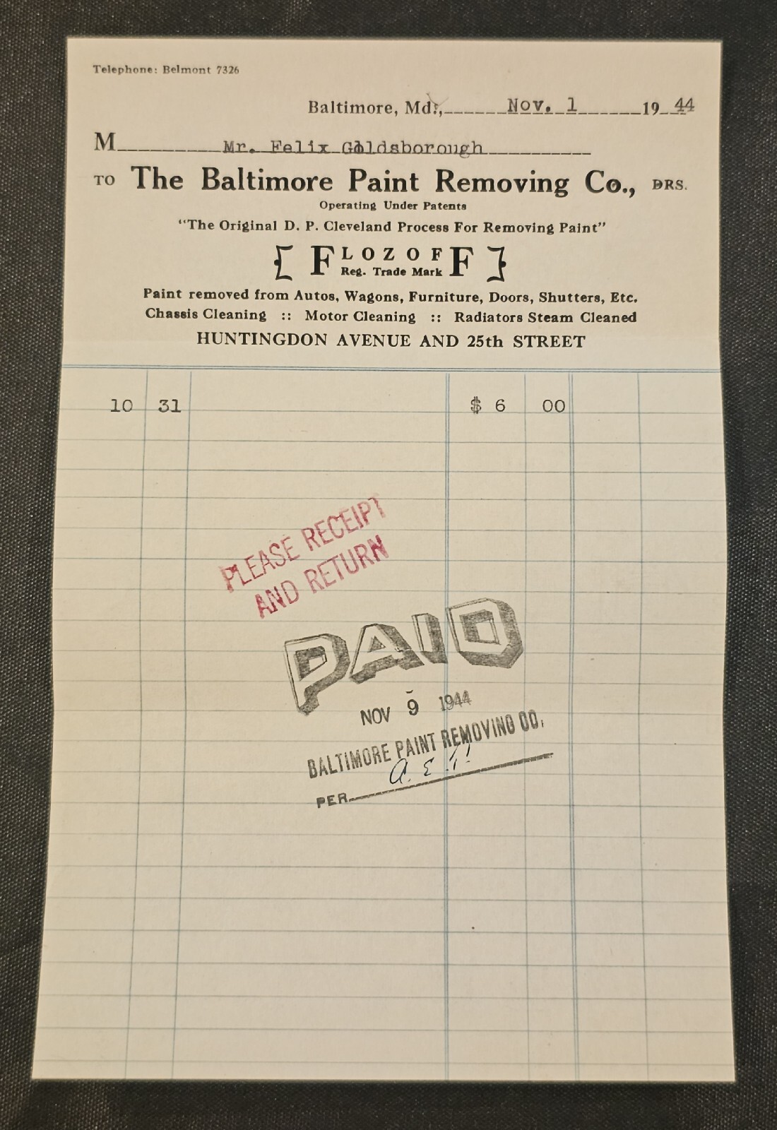 1944 The Baltimore Paint Removing Co Billhead Receipt Baltimore, MD | eBay