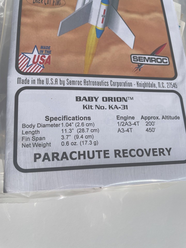 Semroc Flying Model Rocket kits - Defender, Baby Orion, Sprite (3 ...