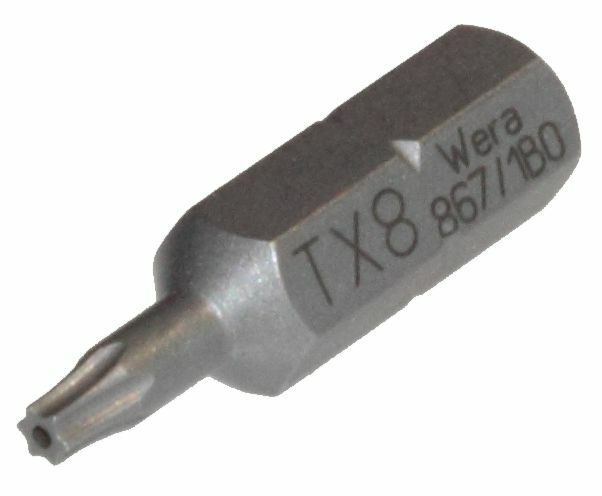2X WERA SECURITY TORX TX8 (T8 WITH HOLE) 25MM HEX SCREWDRIVER BIT 867/1 ...