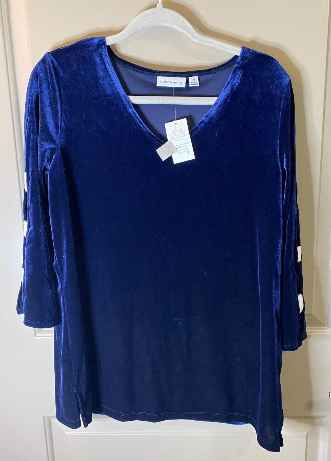 Susan Graver Navy Velour Velvety V Neck Sequin Sleeve Blouse Sz M NWT ...