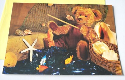 Vintage Greeting Card Blank Stuffed Teddy Bear Fishing Shells Starfish ...
