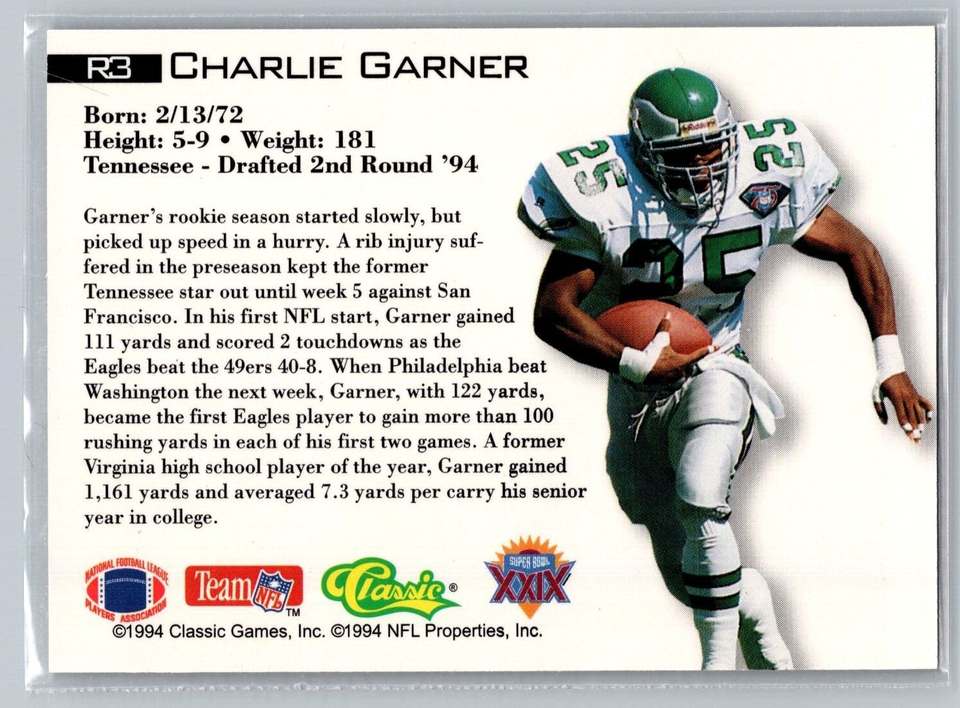 1994 CLASSIC NFL ROOKIE CARD # R 3 Charlie Garner - Philadelphia Eagles ...